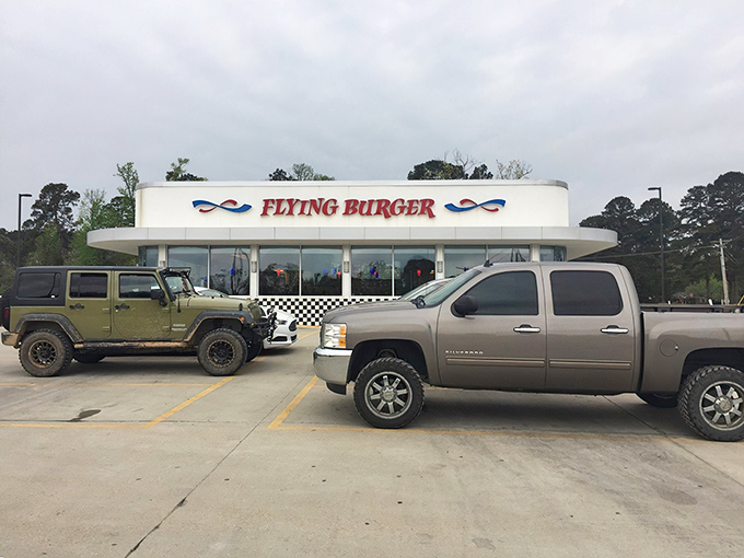 The Flying Burger: Classic Americana at its finest &ndash; where pickup trucks gather like faithful disciples at the altar of hand-formed patty perfection.