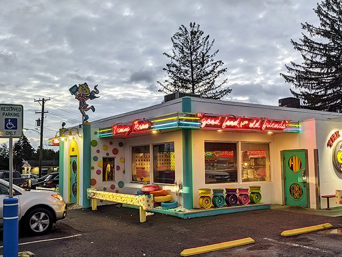 The Poky Dot's neon-lit exterior is like a 1950s diner that collided with a rainbow &ndash; impossible to miss and impossible not to smile.