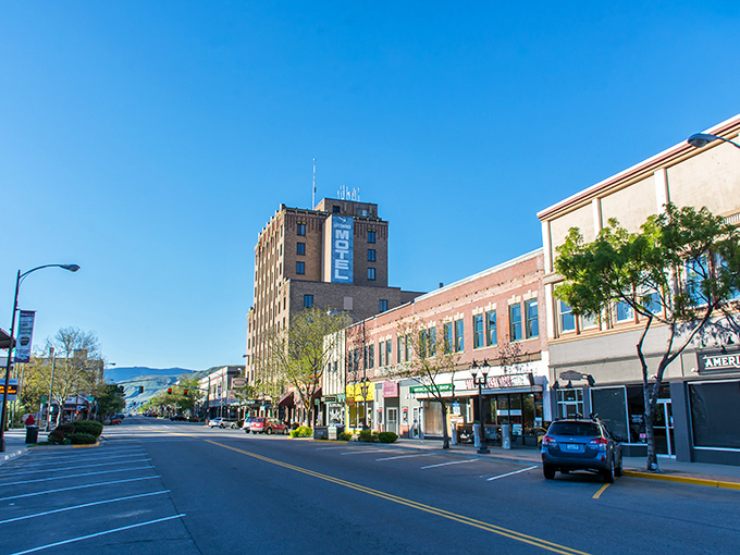 Downtown Wenatchee gleams in the morning light, where historic brick buildings meet blue skies and mountain views.