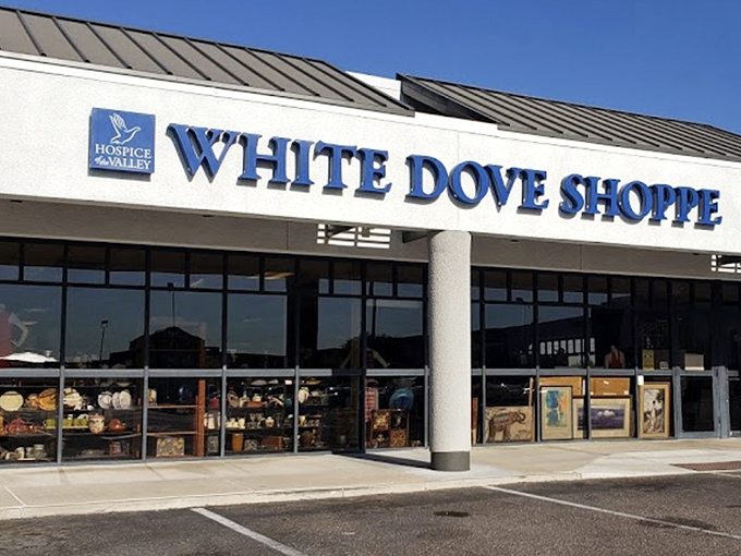 White Dove's gleaming blue sign promises treasure hunting with a conscience. Like a department store where everything comes with a backstory.