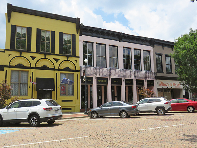 Colorful storefronts line Abbeville's historic district&mdash;like a Southern rainbow against those charming brick streets.