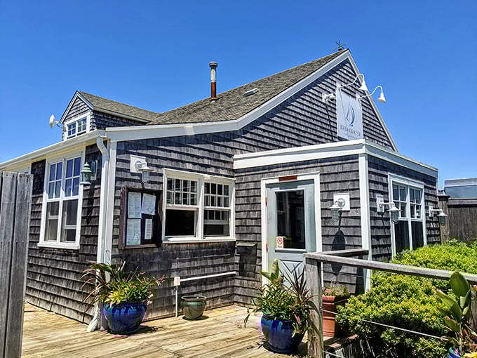 Classic New England charm in every weathered shingle. Blue planters add a pop of color to this seafood sanctuary.