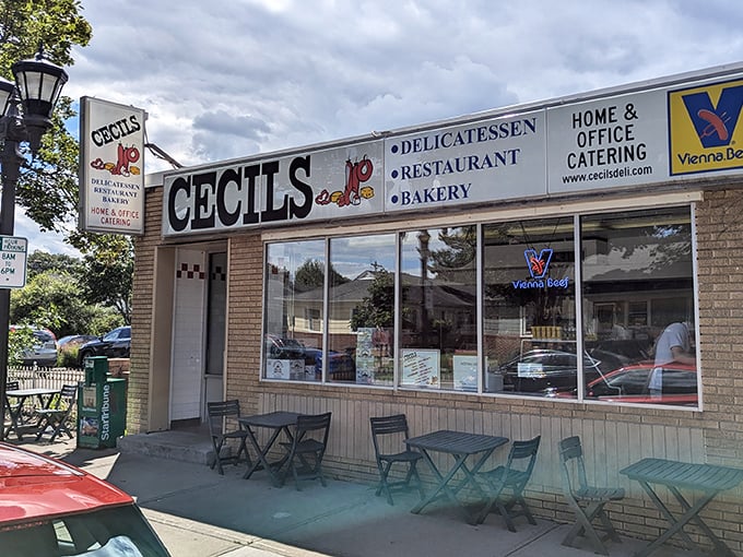 Cecil's outdoor tables await sandwich enthusiasts brave enough to tackle their legendary Reubens in the Minnesota sunshine.