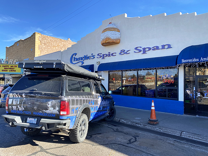 The classic New Mexico architecture of Charlie's hides a treasure trove of cinnamon rolls and blue corn delights inside.