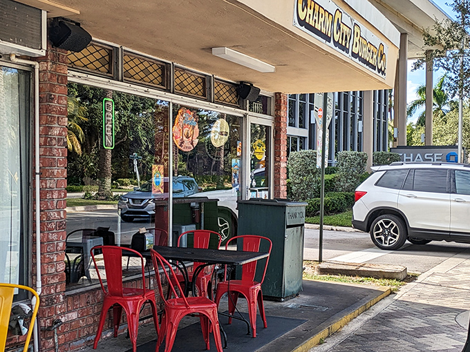 Those vibrant red chairs aren't just for show. They're perfect perches for the burger euphoria that's about to happen.