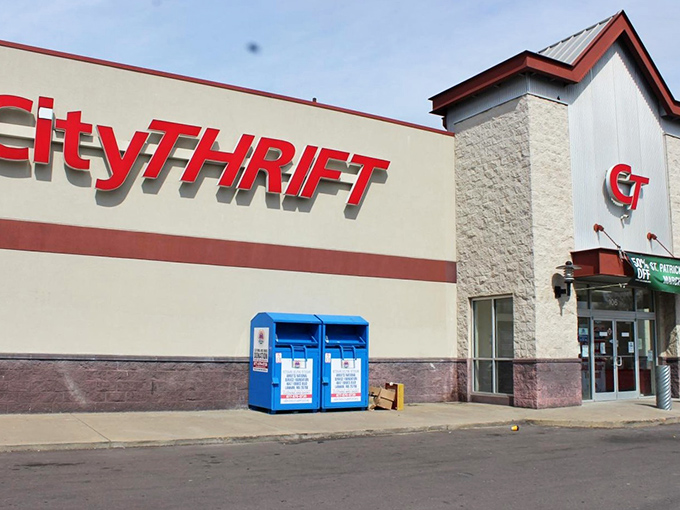 The clean, modern exterior of City Thrift promises treasure hunting without the dusty archaeological expedition.