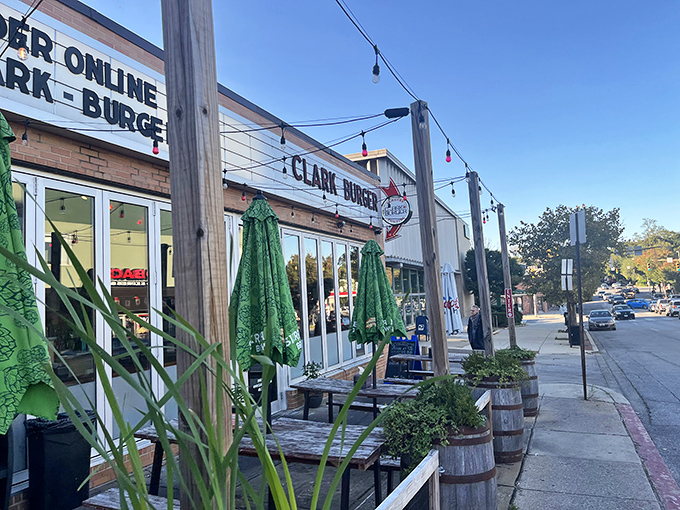 The charming storefront of Clark Burger promises simple pleasures done right&mdash;where burger dreams come true under Maryland skies.
