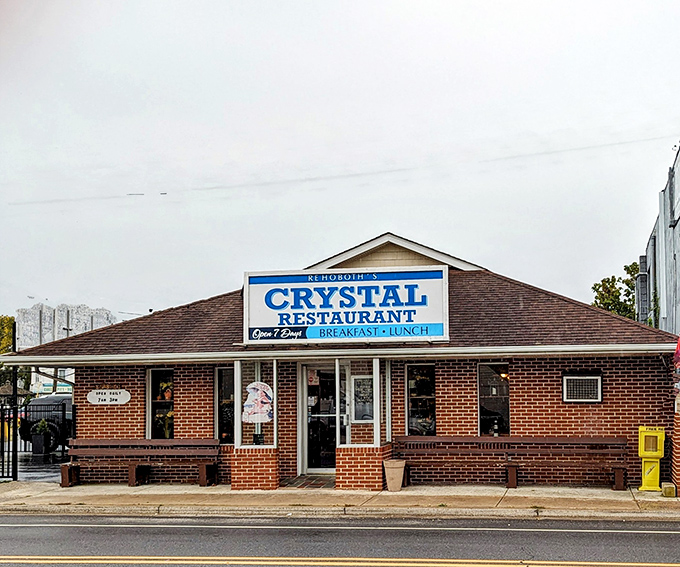 Brick exterior, wooden benches, and that classic blue sign &ndash; Crystal Restaurant is Delaware's time machine disguised as a diner.