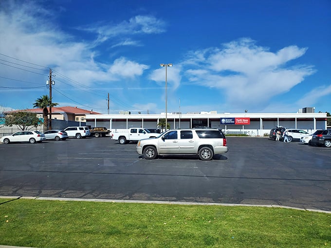 Parking lot paradise! Where bargain hunters gather with the same determination as Black Friday shoppers, minus the trampling.
