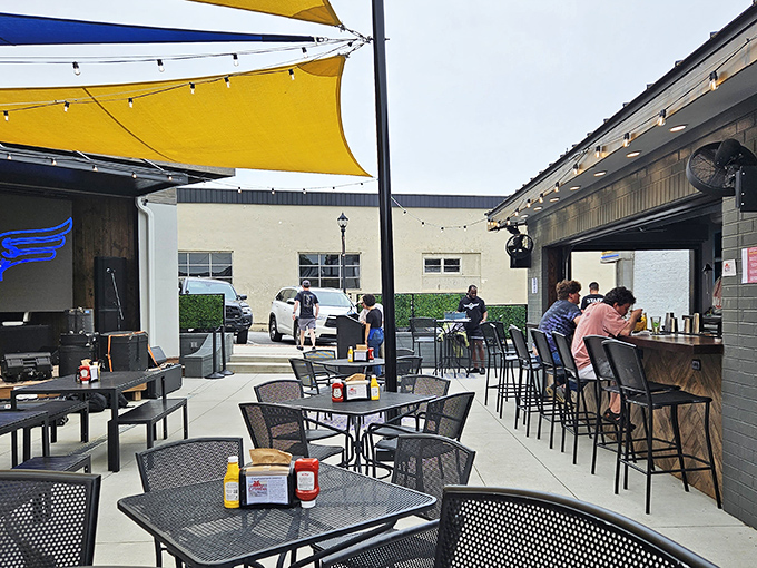 Outdoor dining with all the fixings at Fenders. Where the condiments are always within reach and Georgia sunshine is complimentary.