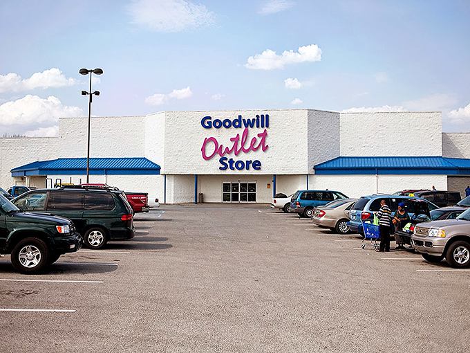 Treasure hunters' paradise with a packed parking lot. This isn't just shopping&mdash;it's an adventure with cart-wielding Indiana explorers.