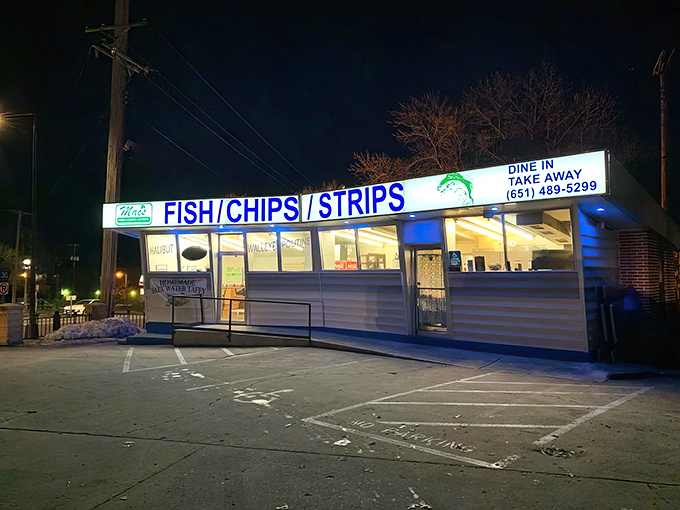 Mac's at night: Like a beacon for seafood lovers after dark, Mac's glowing sign promises crispy fish and golden fries worth the detour.