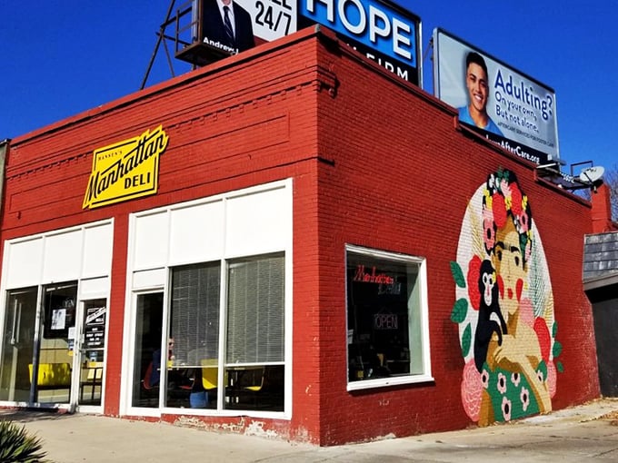 The colorful mural adorning Manhattan Deli's exterior is almost as much of a masterpiece as what they put between two slices of bread.