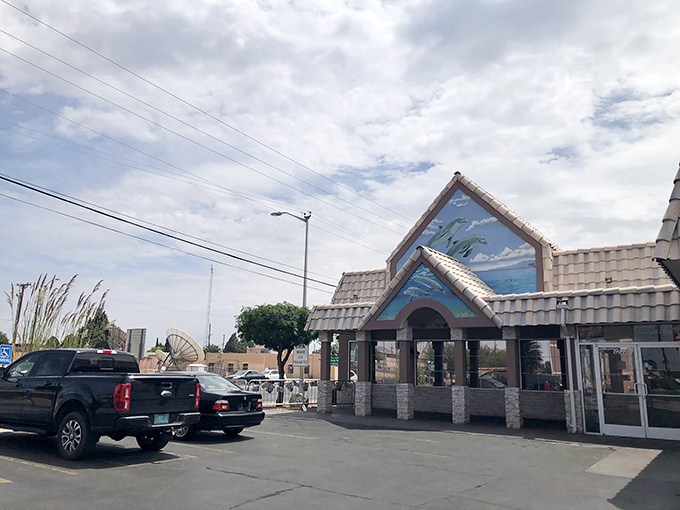 That blue-tiled roof isn't just decoration&mdash;it's signaling "ocean fresh" in the heart of New Mexico. Nautical vibes in the high desert!