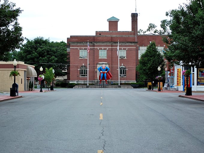 Superman stands tall in the town square, ready to protect this charming Illinois treasure.