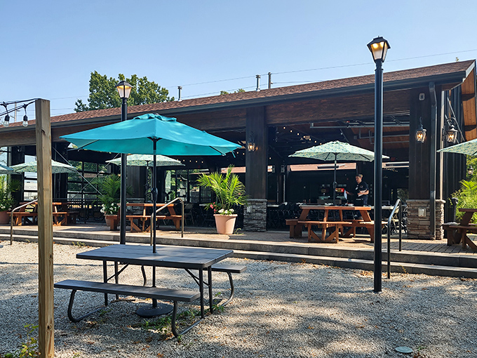 This relaxed patio at Mike Linnig's perfectly captures Kentucky's version of coastal dining - casual, welcoming, and ready for a seafood feast.