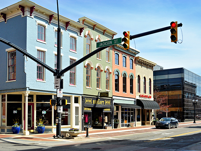 Colorful storefronts line Muncie's welcoming streets, where affordable charm meets small-town hospitality at every corner.
