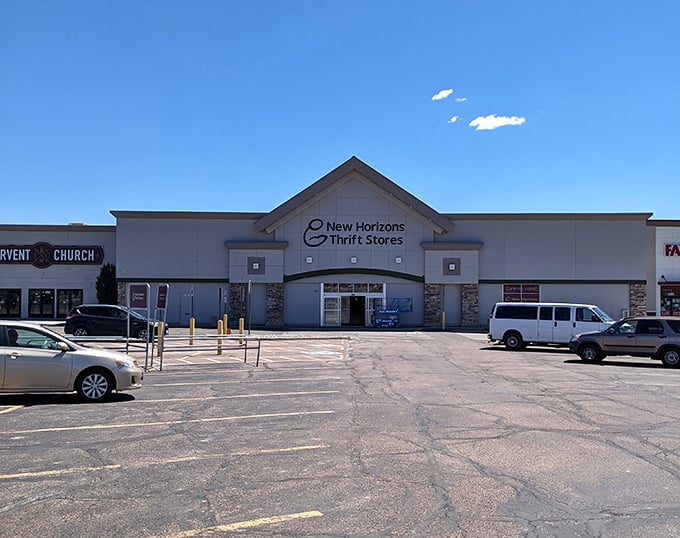 Blue skies and big bargains await! New Horizons stands proud against Colorado's perfect backdrop, promising adventures in thrifting.