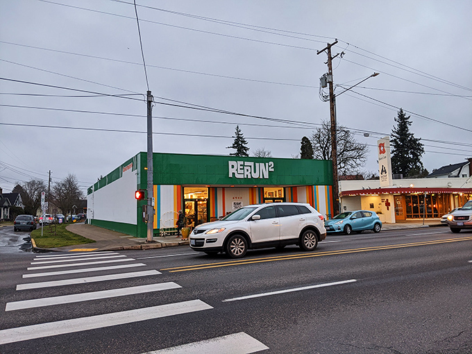 Rerun's distinctive green storefront beckons treasure hunters. This unassuming building houses decades of nostalgia, practically whispering "come find something wonderful" to passersby.