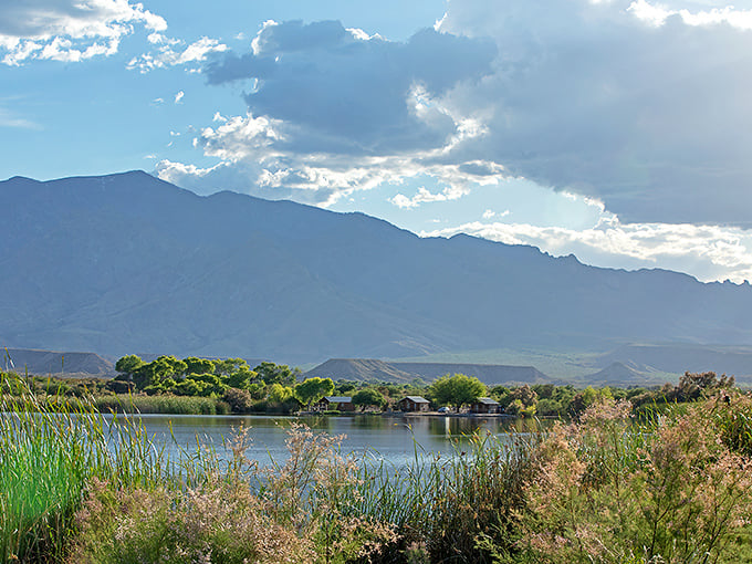 Desert meets water in this oasis where the mountains seem to wade into the lake for an evening swim.