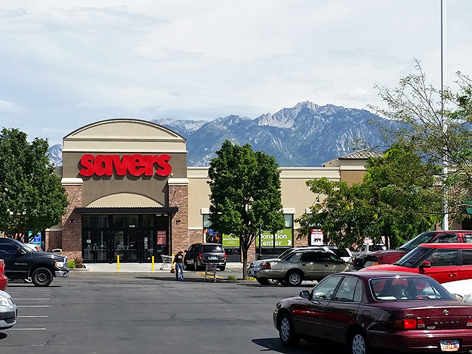 Mountains frame this Savers location perfectly &ndash; nature's majesty meets thrifting paradise in one spectacular view.