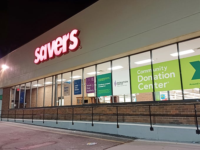 Day or night, this Savers storefront promises treasure hunting adventures that won't break the bank.