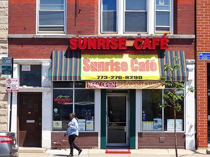 Sunrise Cafe's vintage sign shines like a beacon for breakfast hunters. A Chicago morning tradition worth setting the alarm for.
