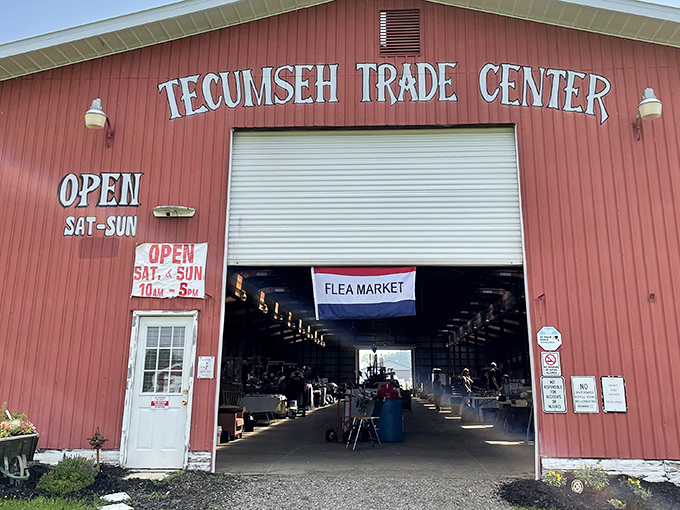 Step into the Tecumseh Trade Center and enter a bargain hunter's paradise. That "FLEA MARKET" banner might as well say "Adventure Starts Here!"