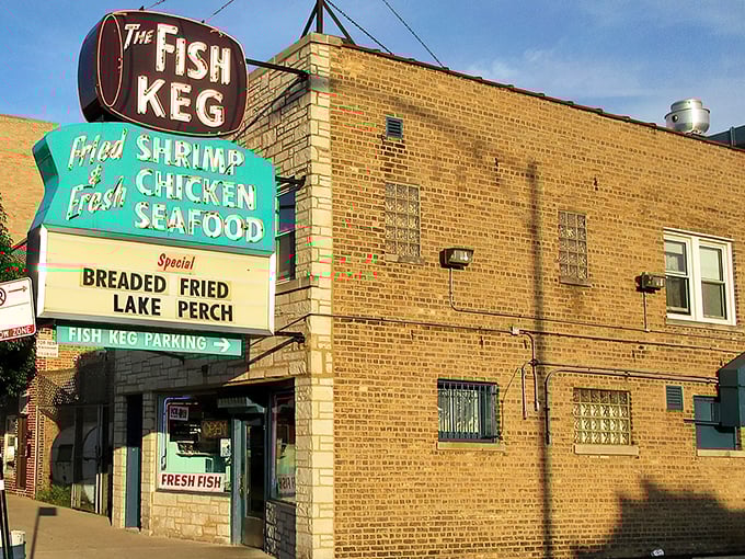 That vintage sign isn't just decoration—it's a beacon of hope for anyone craving perfectly crispy lake perch.