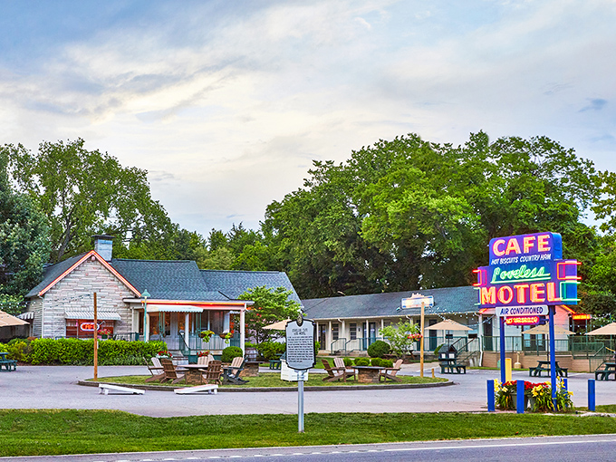 Where neon meets nostalgia: The Loveless Motel sign stands as Nashville's unofficial monument to the church of Southern breakfast.