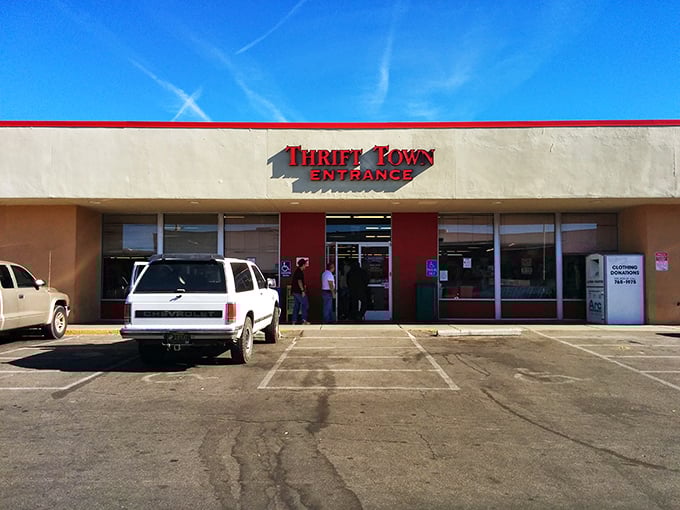 Blue skies and red signage &ndash; Thrift Town stands ready for another day of connecting pre-loved treasures with new homes.