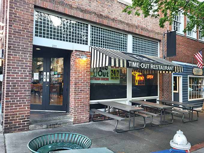 The striped awnings might be classic, but what happens inside is legendary. Time-Out's fried chicken makes college memories that outlast final exams.