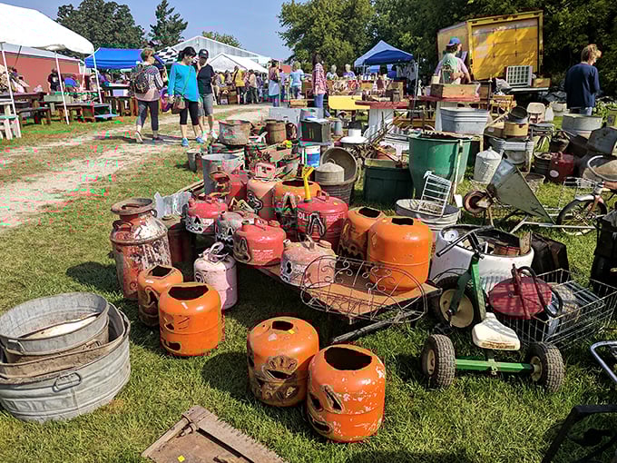 Colorful vintage gas cans stand like rusty soldiers waiting for collectors. Who knew old fuel containers could spark such joy?