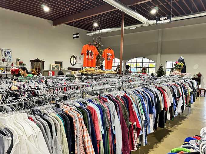 Rack after colorful rack! The clothing selection at Tulsa Super Thrift stretches as far as the eye can see, like a fashion treasure hunt without the treasure map.