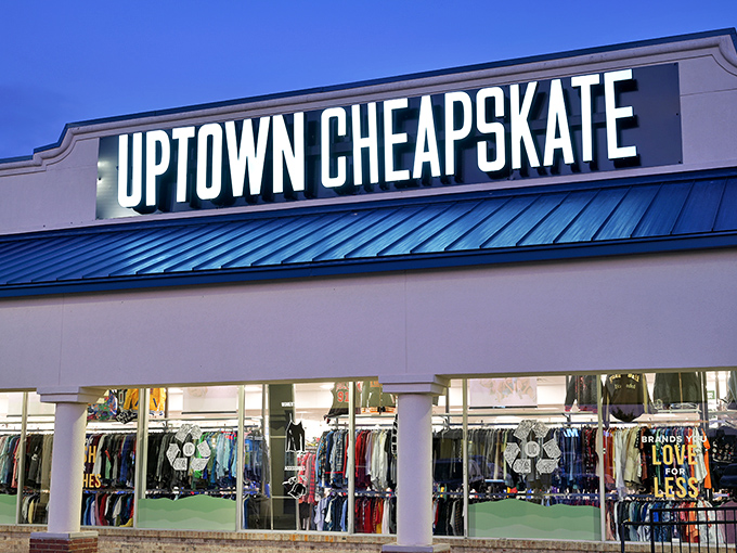 When the sun sets, Uptown Cheapskate's blue glow becomes a beacon for night owls with fashion emergencies.