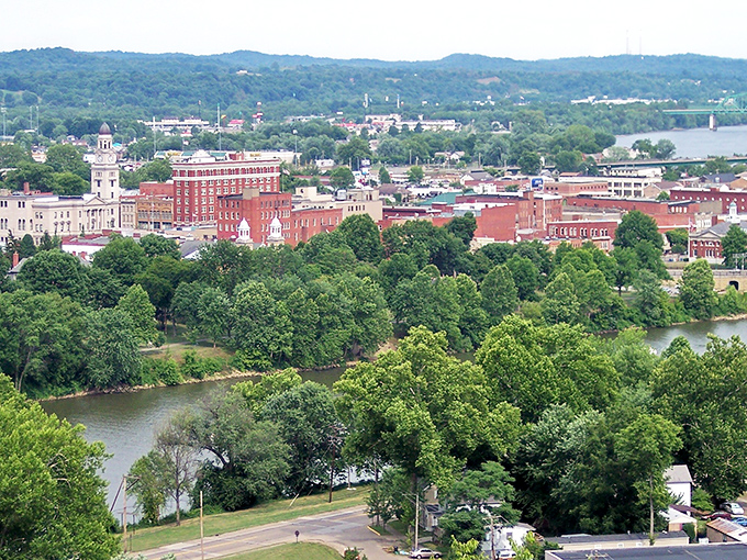 From this bird's-eye view, Marietta reveals its perfect positioning at the confluence of rivers, with red-brick buildings standing proudly against the lush Ohio landscape.