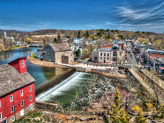 The iconic Red Mill stands guard over downtown Clinton, where river meets road in a scene straight from America's greatest hits album.