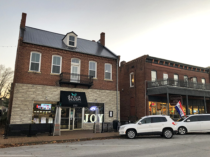 Behind this unassuming brick facade, JOY awaits&mdash;whether in liquid, solid, or conversation form. Hermann's businesses deliver all three.