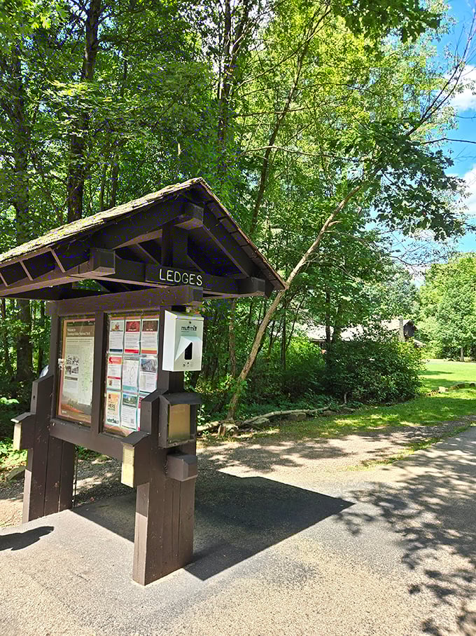 The humble trailhead kiosk &ndash; like the unassuming doorway to Narnia, it promises ordinary information but delivers extraordinary experiences just beyond.