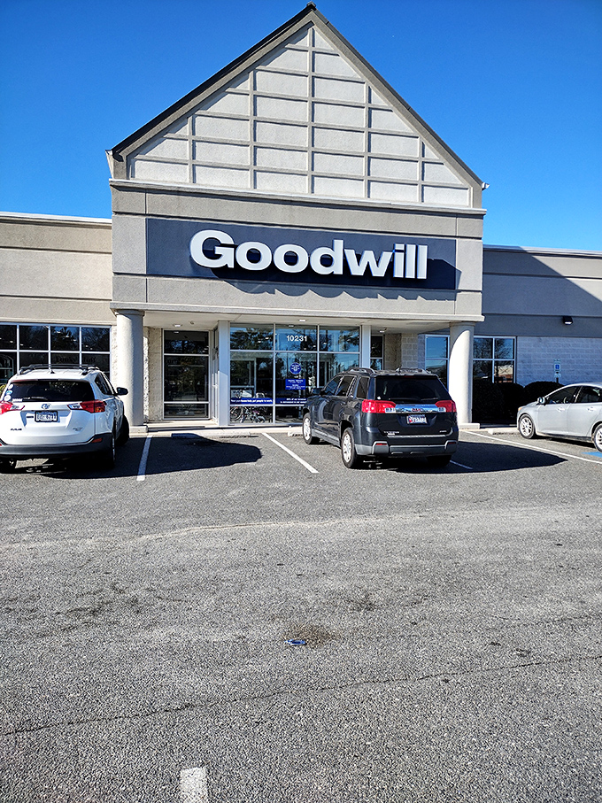 Blue skies frame this thrifting paradise on Washington Highway. The gabled entrance beckons bargain hunters and treasure seekers alike to step into the adventure.