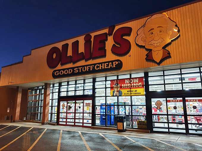 Ollie's iconic storefront glows like a beacon for bargain hunters after dark. That cartoon face promises what Vegas never could: you're actually going to win here.