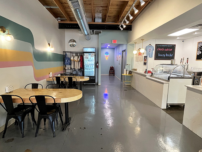 Modern minimalism meets retro charm inside, where those pastel wall stripes somehow make the ice cream taste even better. Psychology or magic? You decide.