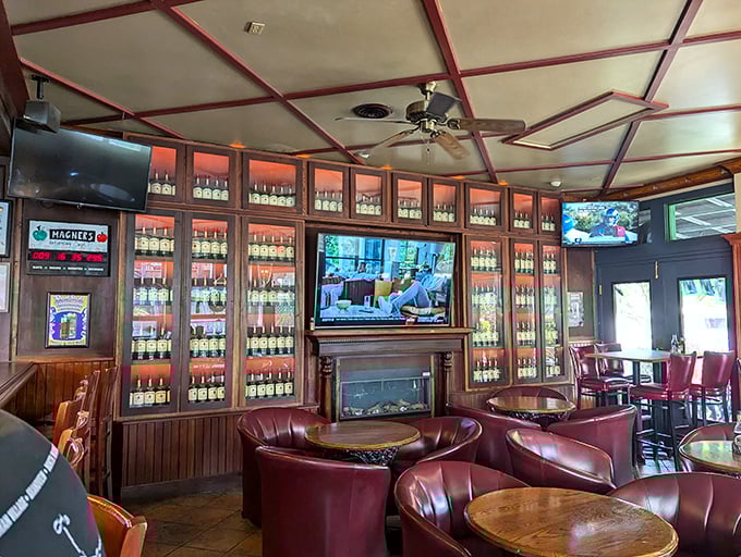 Rich wood paneling, leather chairs, and that unmistakable Irish pub glow create the perfect setting for both serious conversations and lighthearted banter.