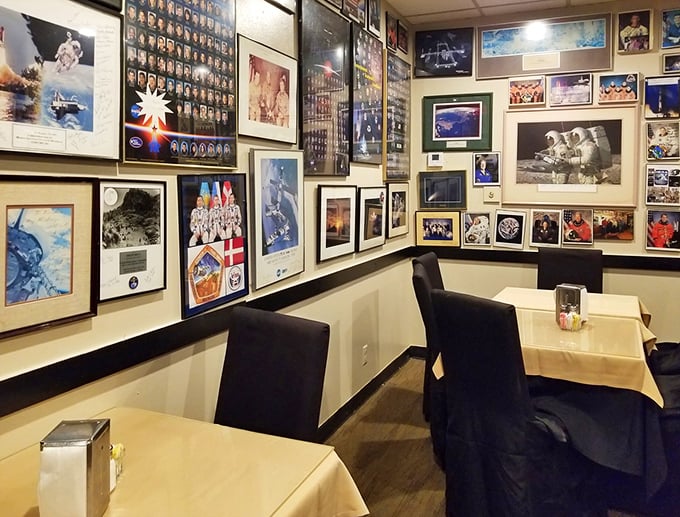 NASA history covers every inch of wall space, creating a dining experience that's one small step for your appetite, one giant leap for your taste buds.
