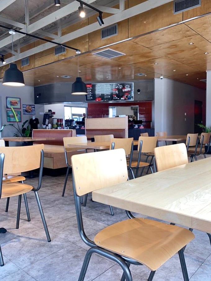 Modern simplicity meets waffle wizardry in this bright, airy space. The wooden ceiling adds warmth that matches the golden treats below.