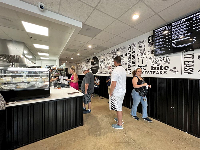Typography meets gastronomy in this sleek ordering area. The walls literally spell out what you're about to fall in love with.