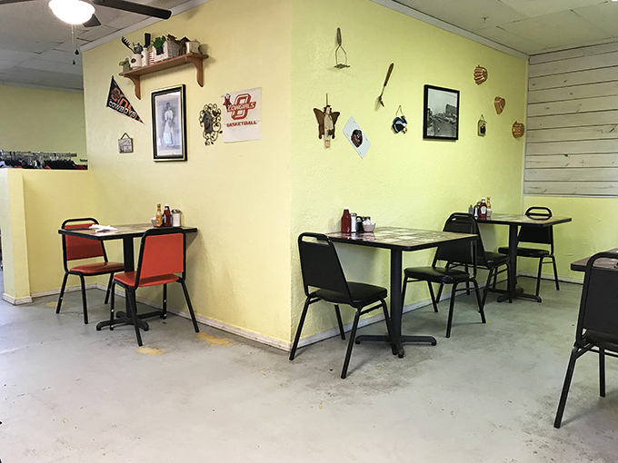 Yellow walls adorned with OSU memorabilia create that "come as you are" vibe where breakfast dreams and college nostalgia live in perfect harmony.