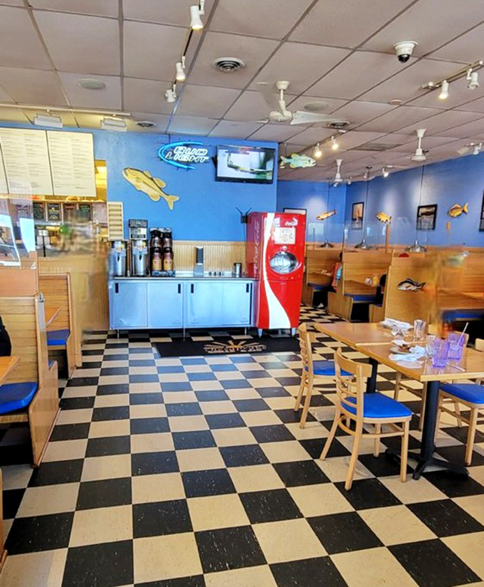 Blue walls, fish decorations, and that classic checkered floor&mdash;this isn't just a restaurant, it's a time machine to when comfort food reigned supreme.