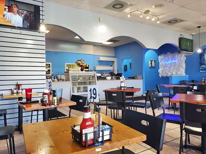 Step inside and the blue walls instantly telegraph the theme: you've arrived somewhere heavenly, where comfort food reigns supreme.