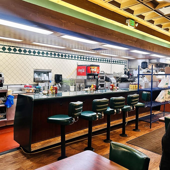 Counter seating that takes you back to simpler times. Those green vinyl stools have witnessed countless "first bite" moments of pure deli bliss.